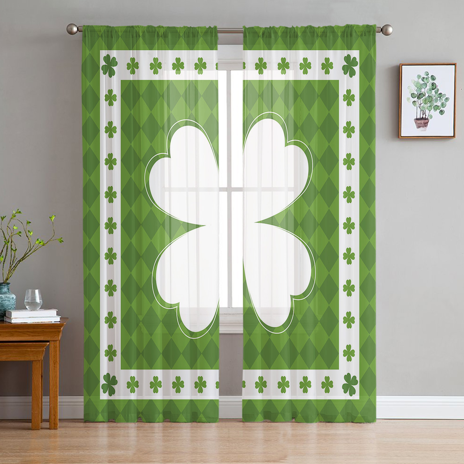 Summer Plants Four Leaf Grass Green Watercolor Sheer Curtains for ...