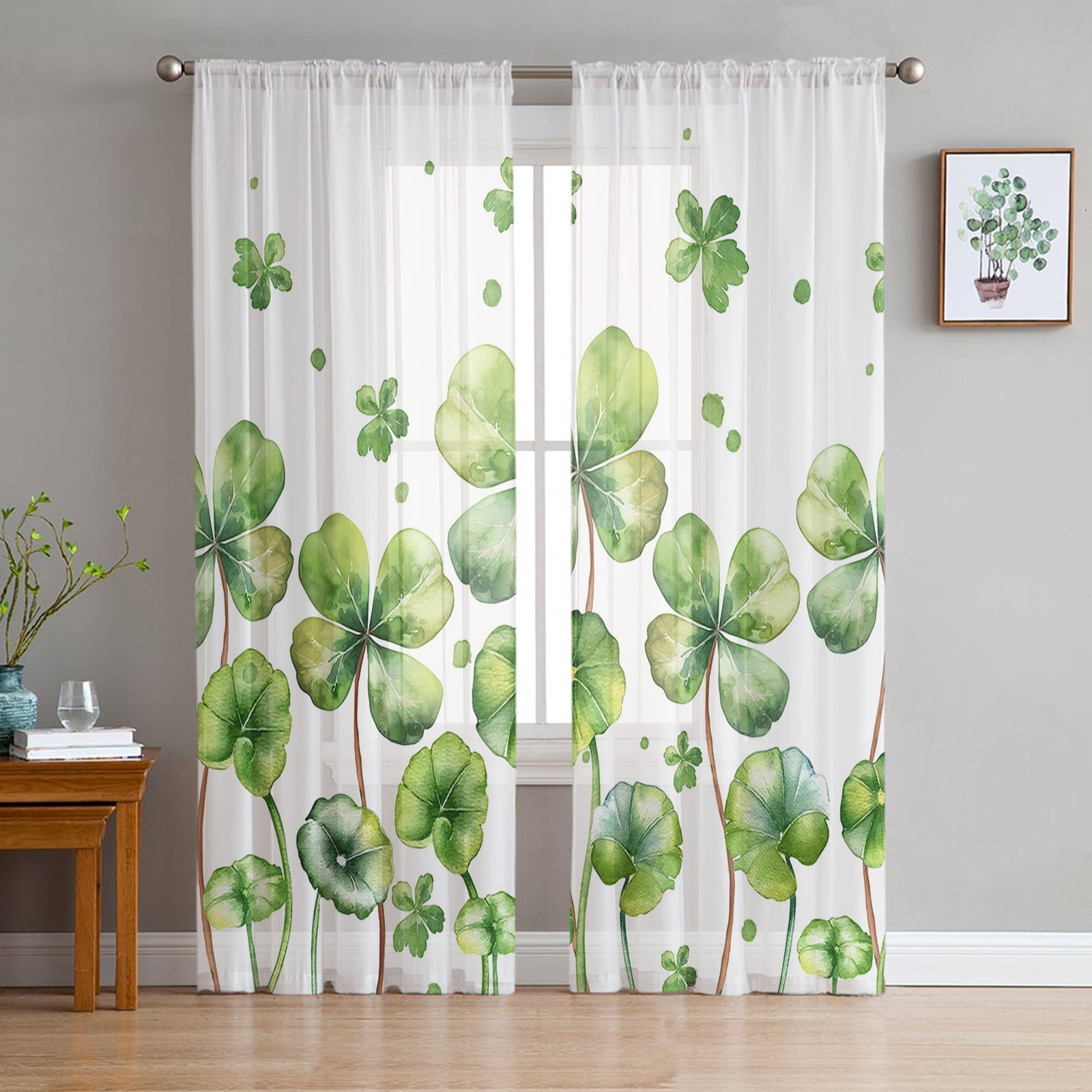 Summer Plants Four Leaf Grass Green Watercolor Sheer Curtains for ...