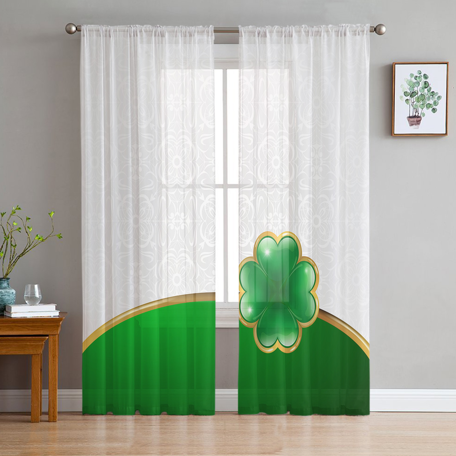 Summer Plants Four Leaf Grass Green Watercolor Sheer Curtains for ...