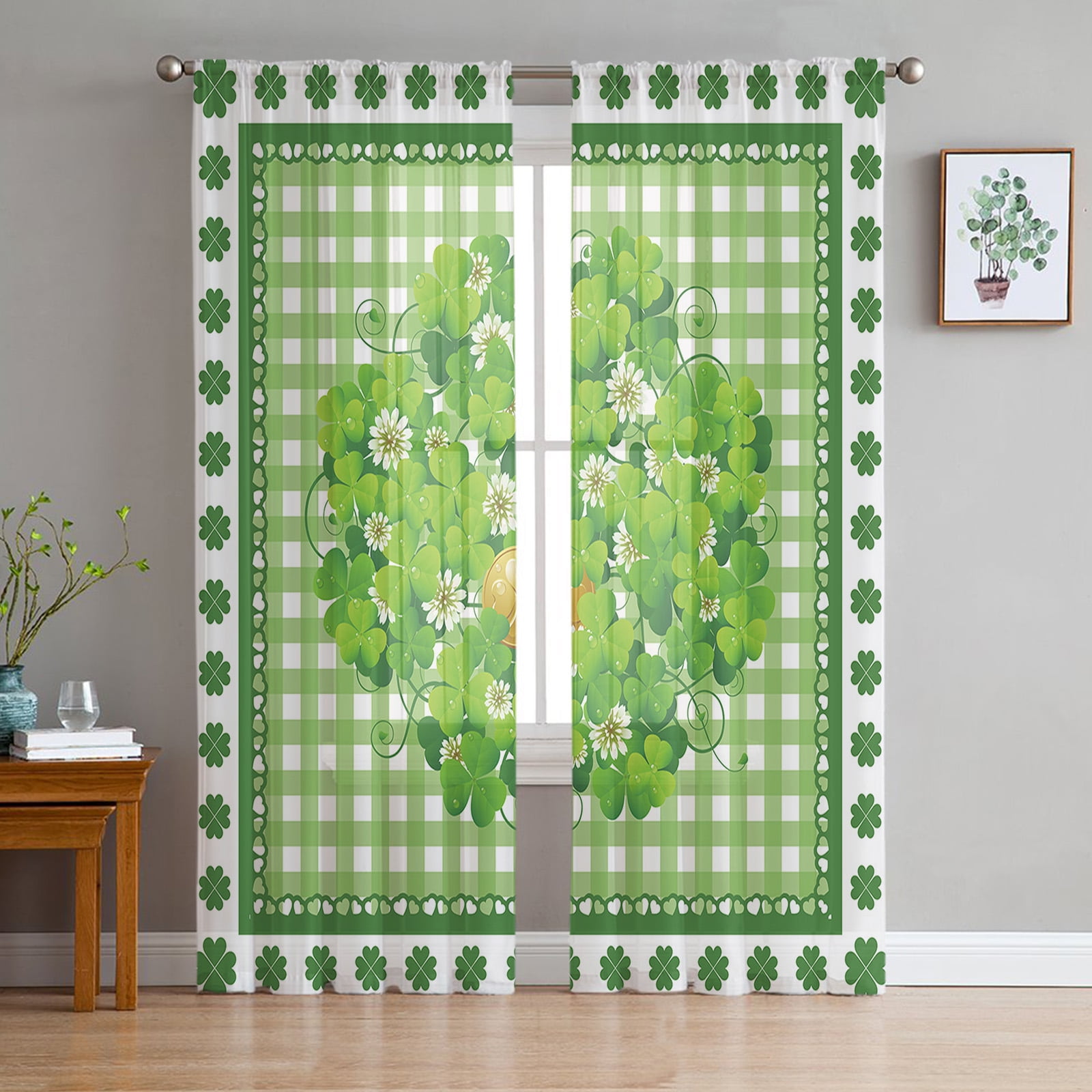 Summer Plants Four Leaf Grass Green Watercolor Sheer Curtains for ...