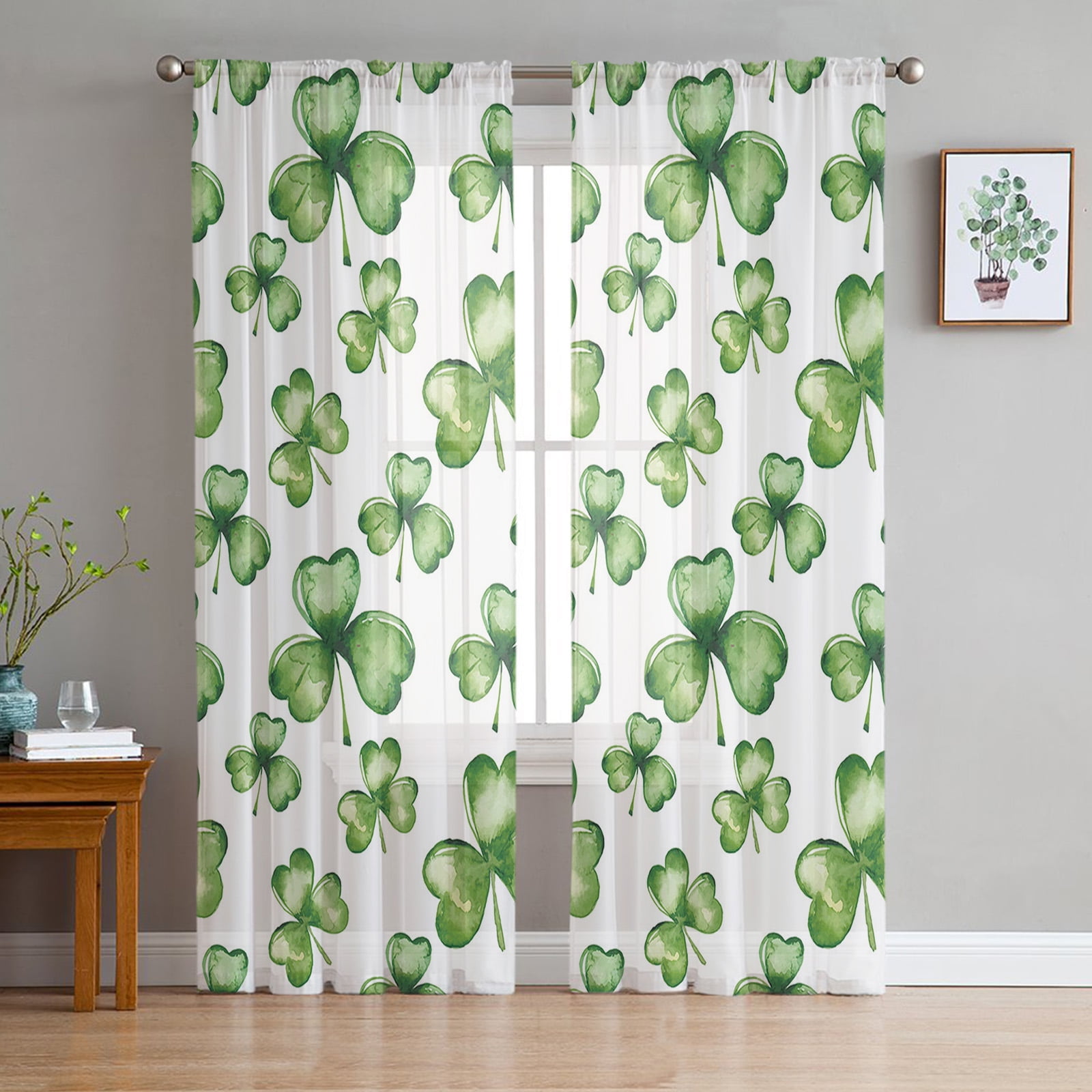 Summer Plants Four Leaf Grass Green Watercolor Sheer Curtains for ...