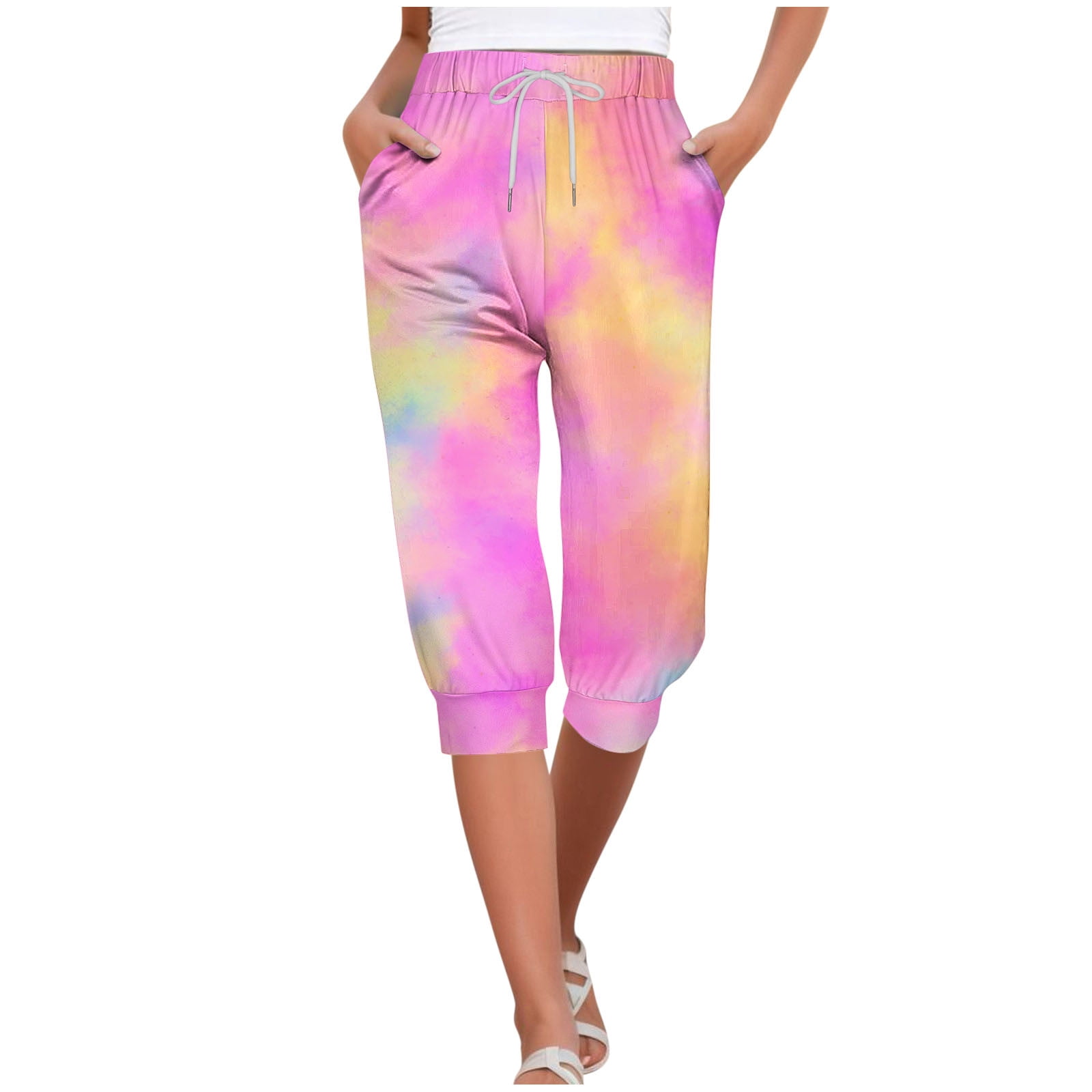 Summer Plus Size Tie Dye Printed Capri Pants for Women, Women's Linen ...
