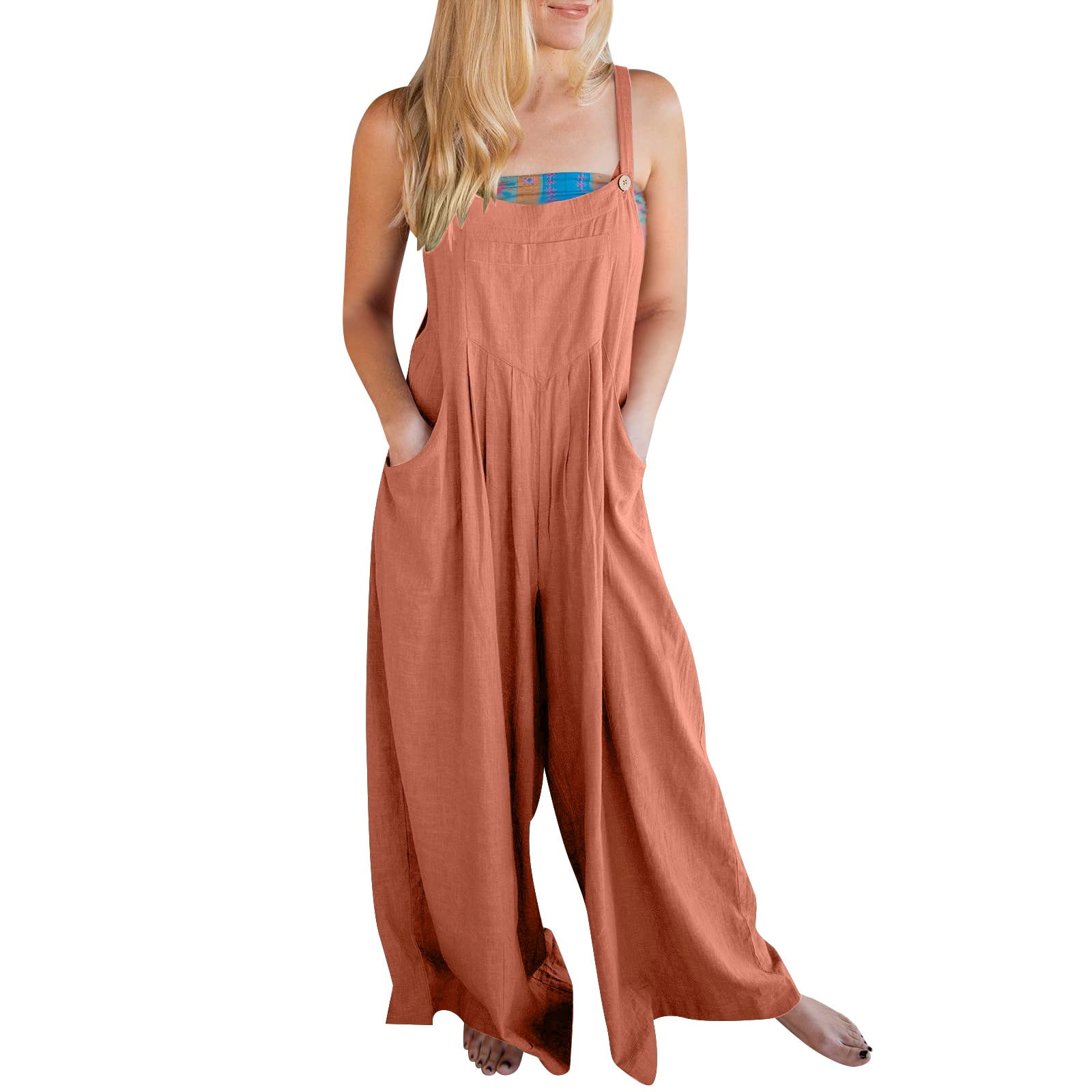 Summer Plus Size Wide Leg Loose Fit Solid Color Cotton Overalls,Women's ...