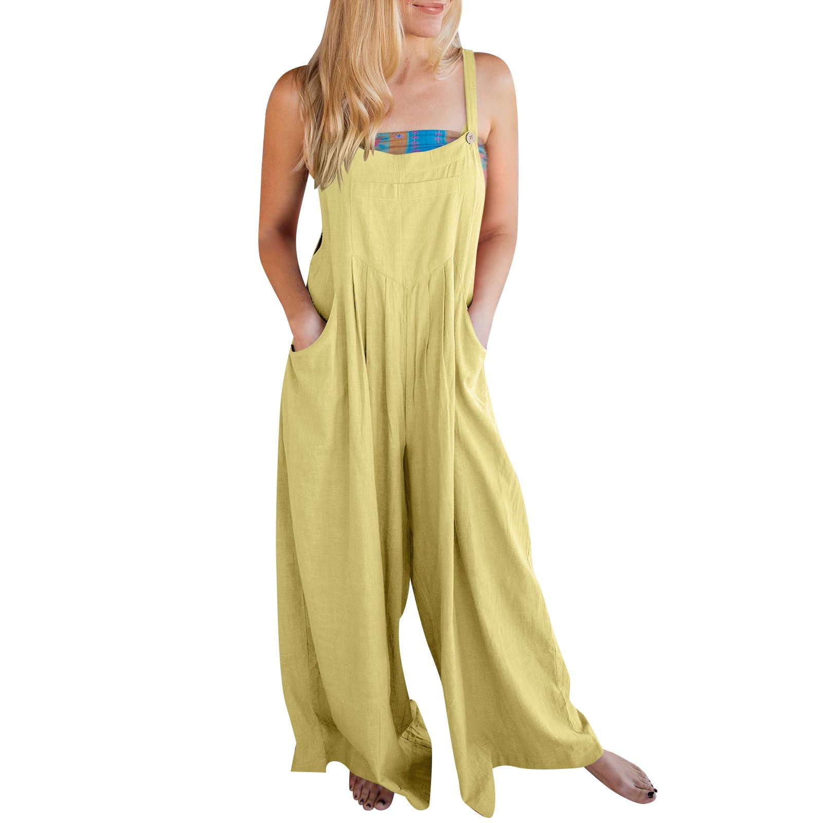 Summer Plus Size Wide Leg Loose Fit Solid Color Cotton Overalls,Women's ...