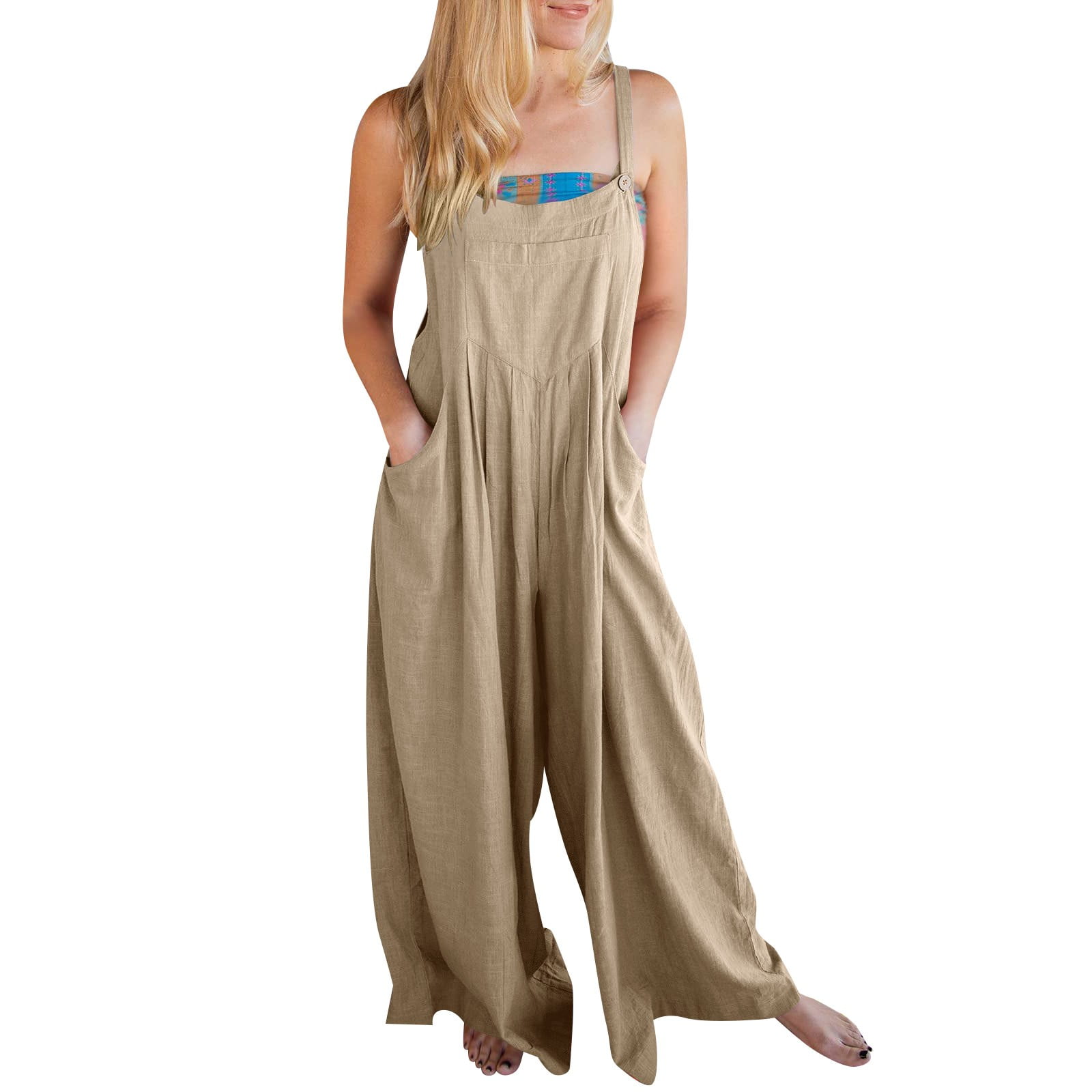 Summer Plus Size Wide Leg Loose Fit Solid Color Cotton Overalls,Women's ...