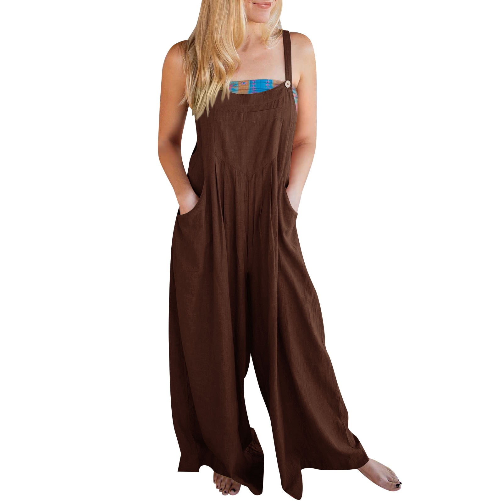 Summer Plus Size Wide Leg Loose Fit Solid Color Cotton Overalls,Women's ...