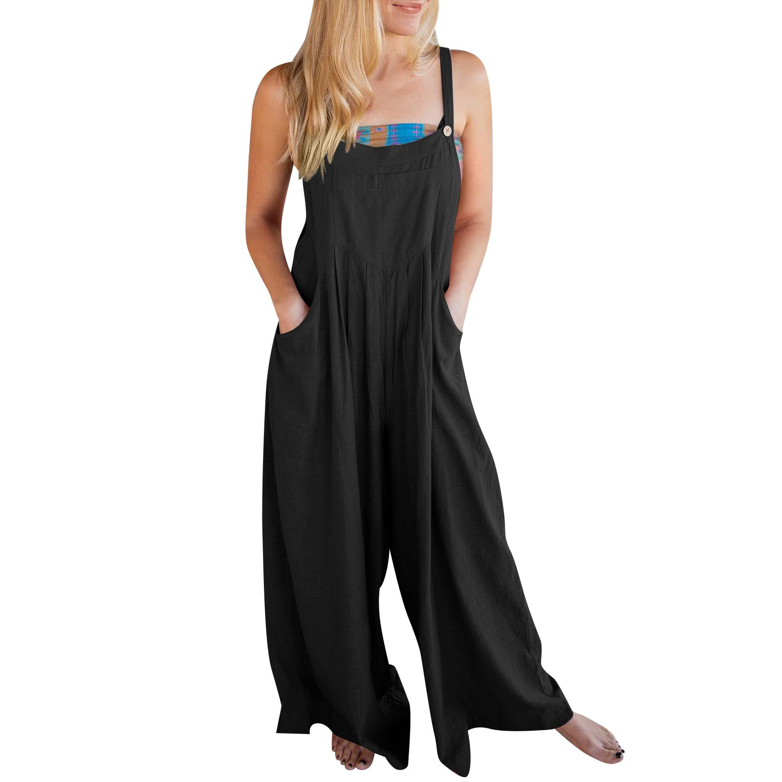 Summer Plus Size Wide Leg Loose Fit Solid Color Cotton Overalls,Women's ...