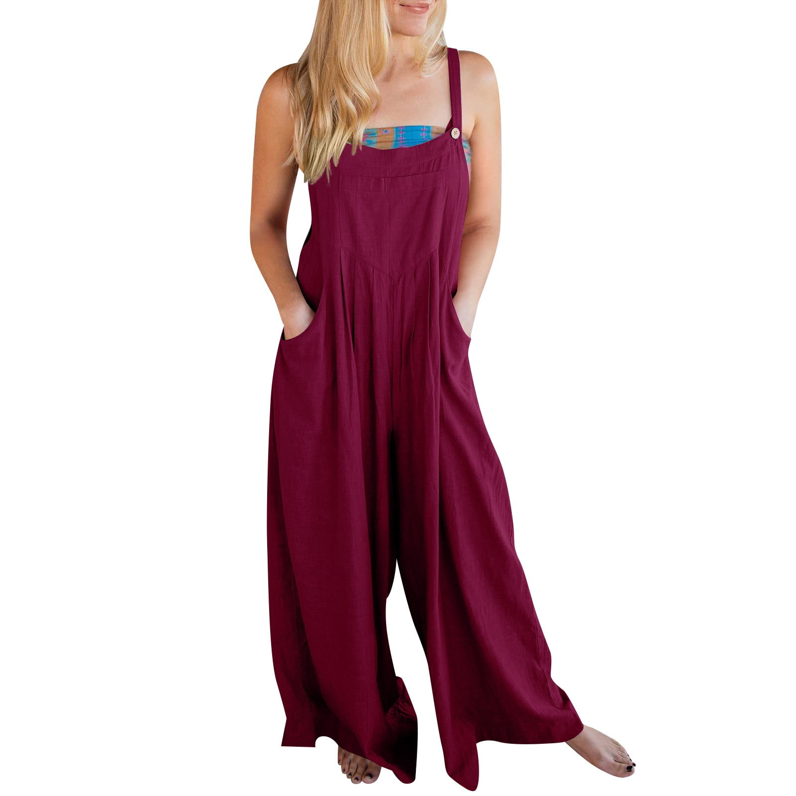 Summer Plus Size Wide Leg Loose Fit Solid Color Cotton Overalls,Women's ...