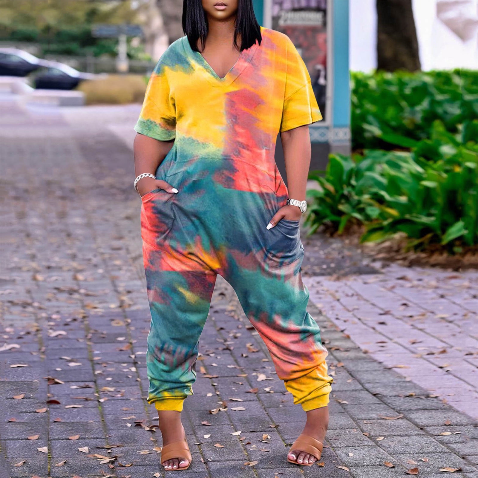 Summer Plus Size Wide Leg Tie-Dye V-Neck Short Sleeve Jumpsuits for ...