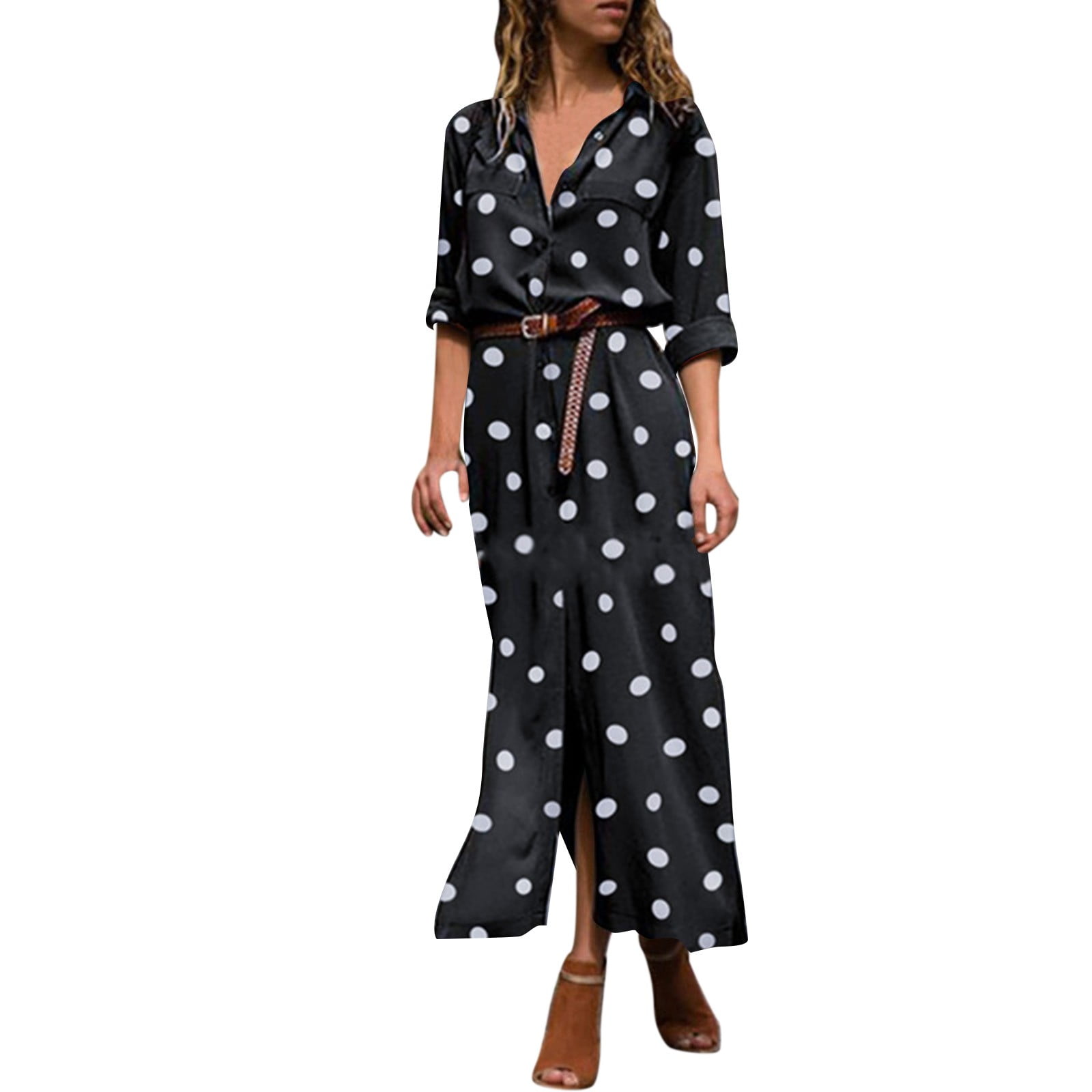 Summer Polka Dot Print Maxi Dress Womens Button Slit Long Flowy Shirt