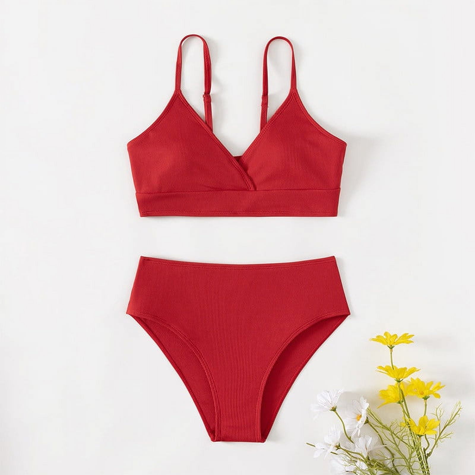 Summer Polyester Sleeveless Short Swim Cute Bikini Beach 2 Piece Swimsuit For Girls Red And Sweet