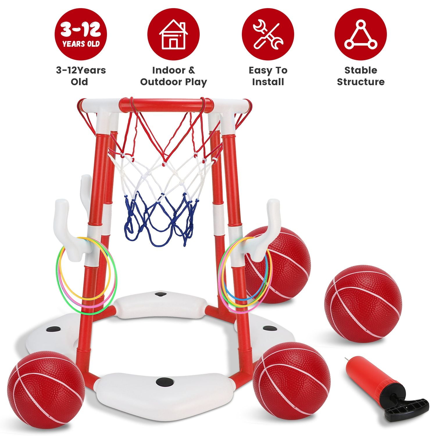 Summer Pool Basketball Hoop Toy Set With 4 Basketballs 4 Circles Pump ...