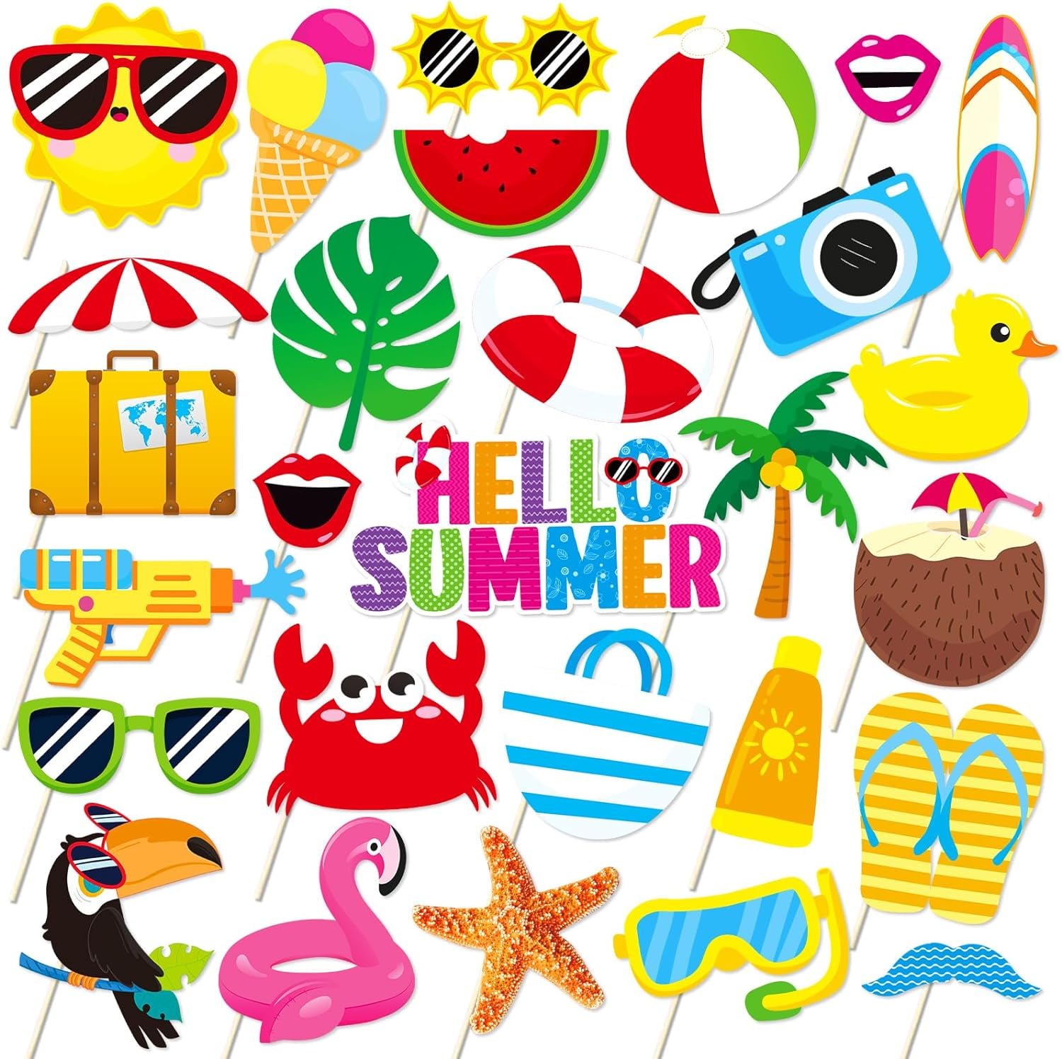 Summer Pool Beach Photo Booth Props 30 Pack Pool, Hawaiian, Beach, Luau ...