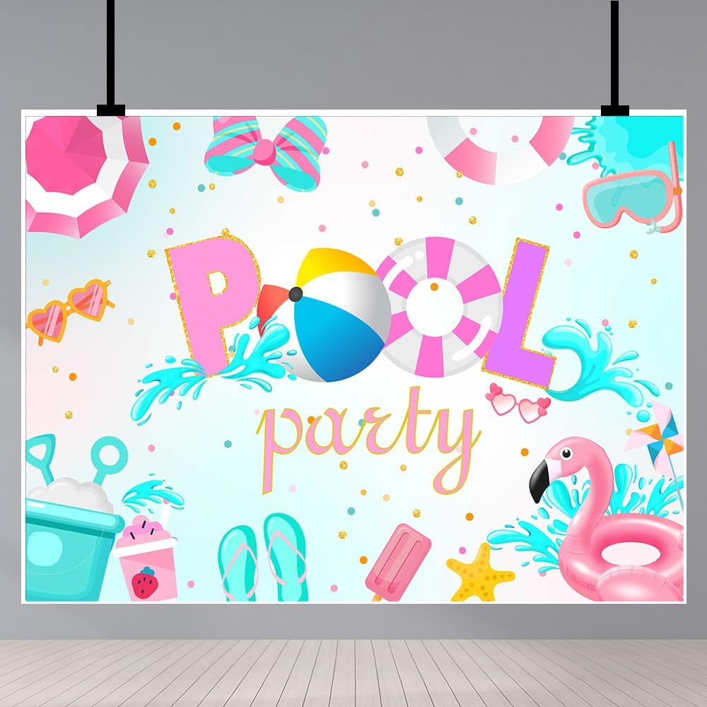 Summer Pool Party Backdrop Beach Ball Swim Ring Water Summer Pool Party ...