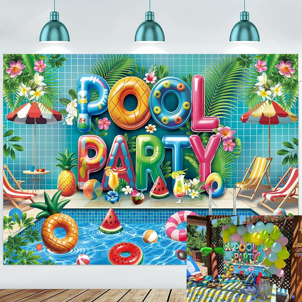 Summer Pool Party Backdrop Hawaiian Beach Ball Swim Ring Tropical Palm ...