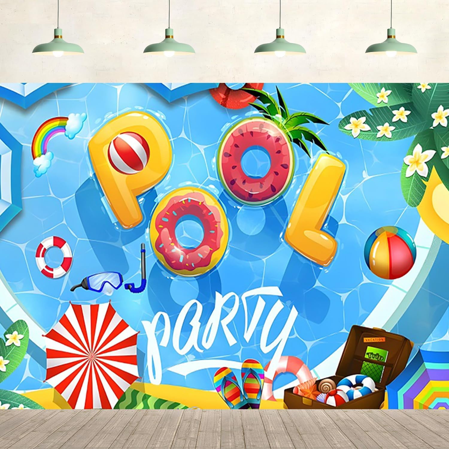 Summer Pool Party Backdrop Swimming Ring Colorful Cartoon Splash ...