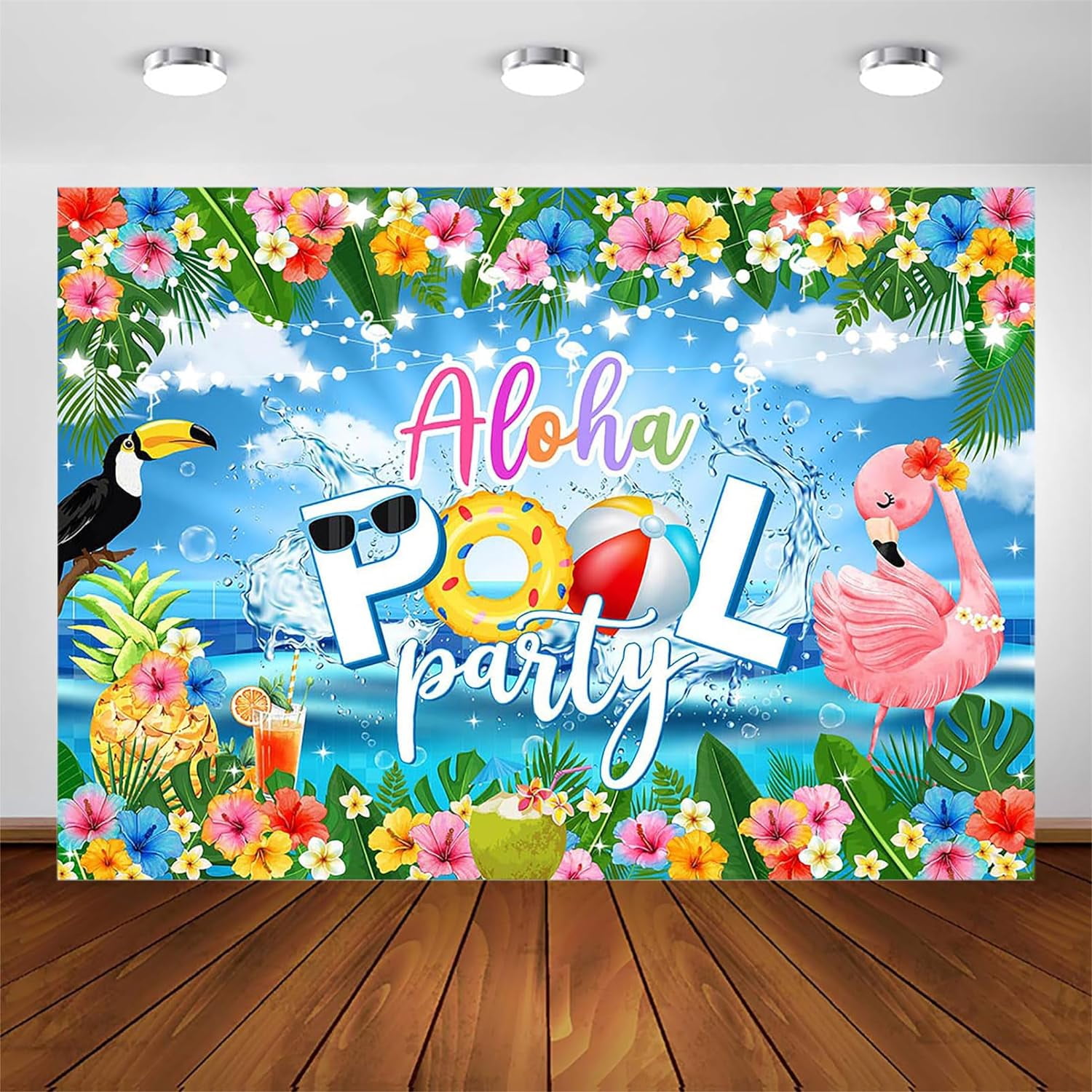 Summer Pool Party Backdrop Tropical Palm Tree Flower Flamingo Pool ...