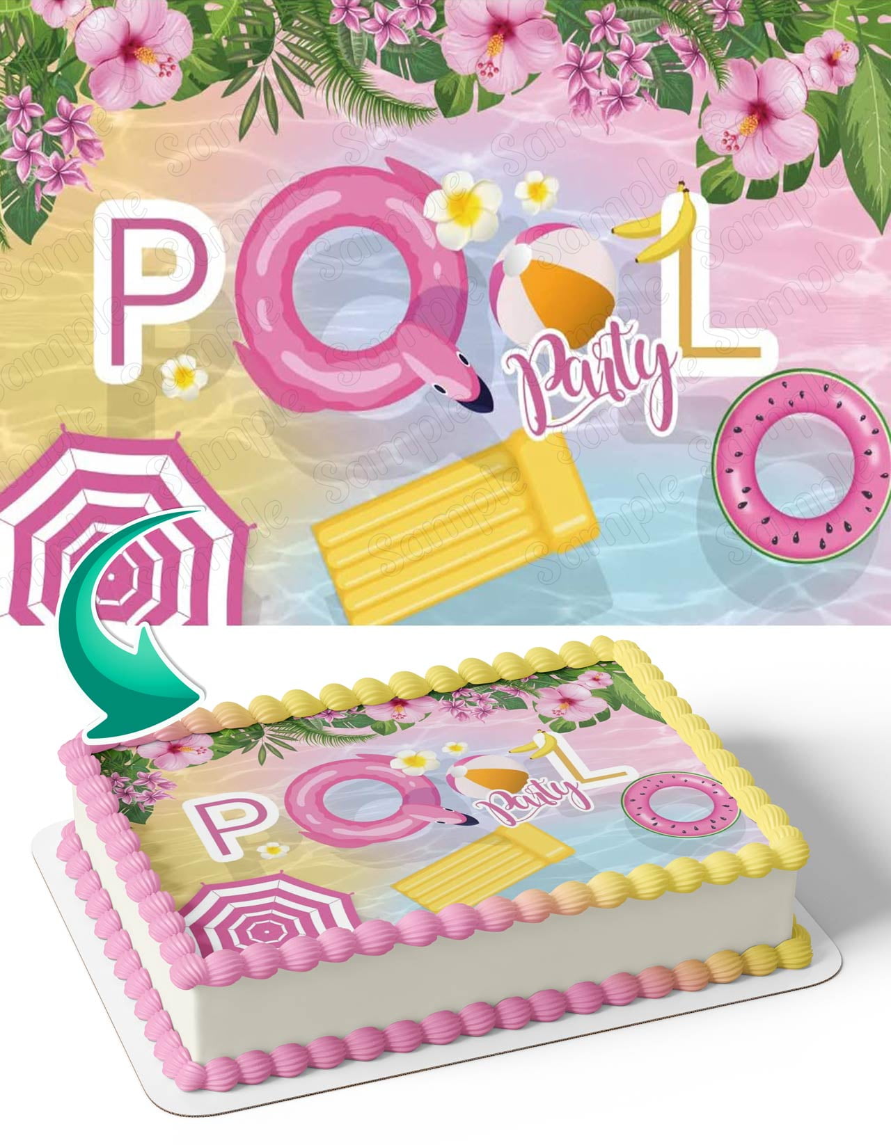 Summer Pool Party Pink Edible Cake Image Topper Birthday Photo Icing ...