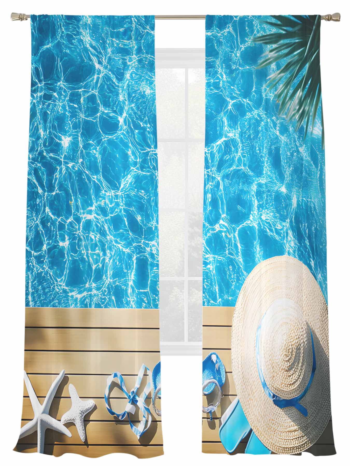 Summer Pool Sheer Curtains 2 Panels Set Abstract Straw Hat Slippers ...