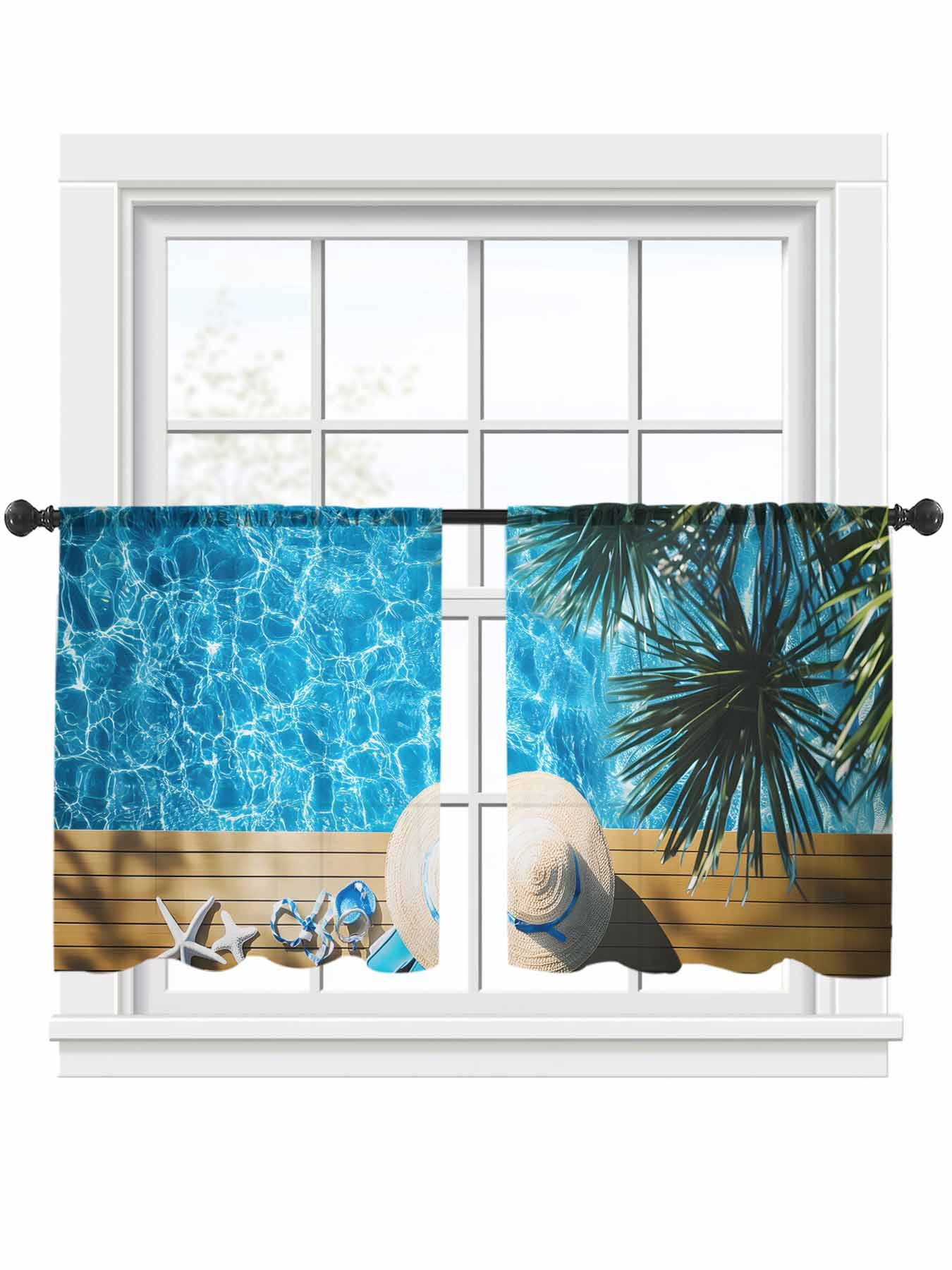 Summer Pool Sheer Curtains 2 Panels Set Abstract Straw Hat Slippers ...