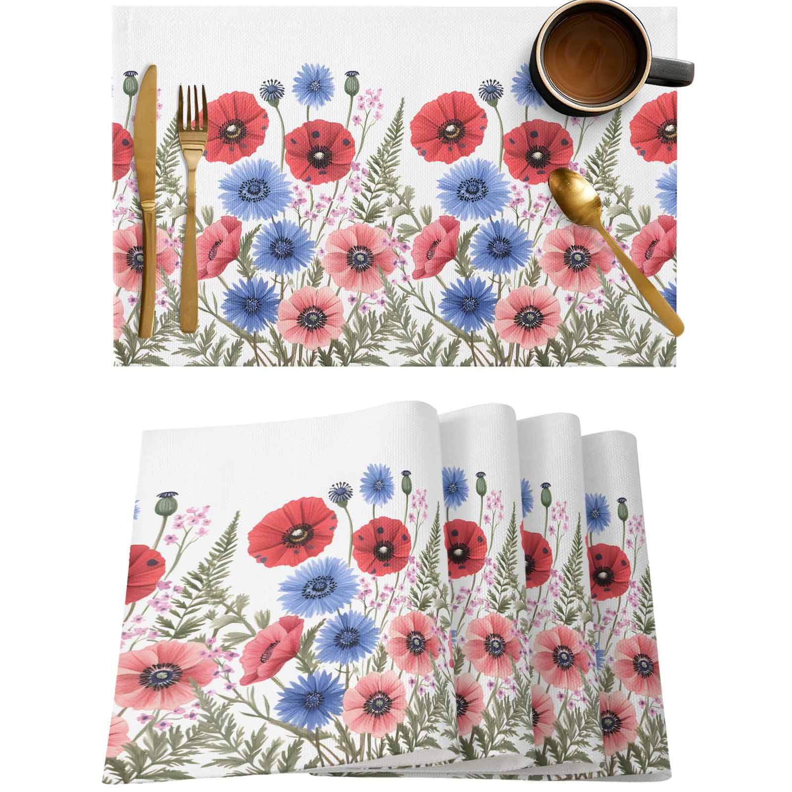 Summer Poppy Flower on White Placemats Set of 4,Wipeable Washable Table ...