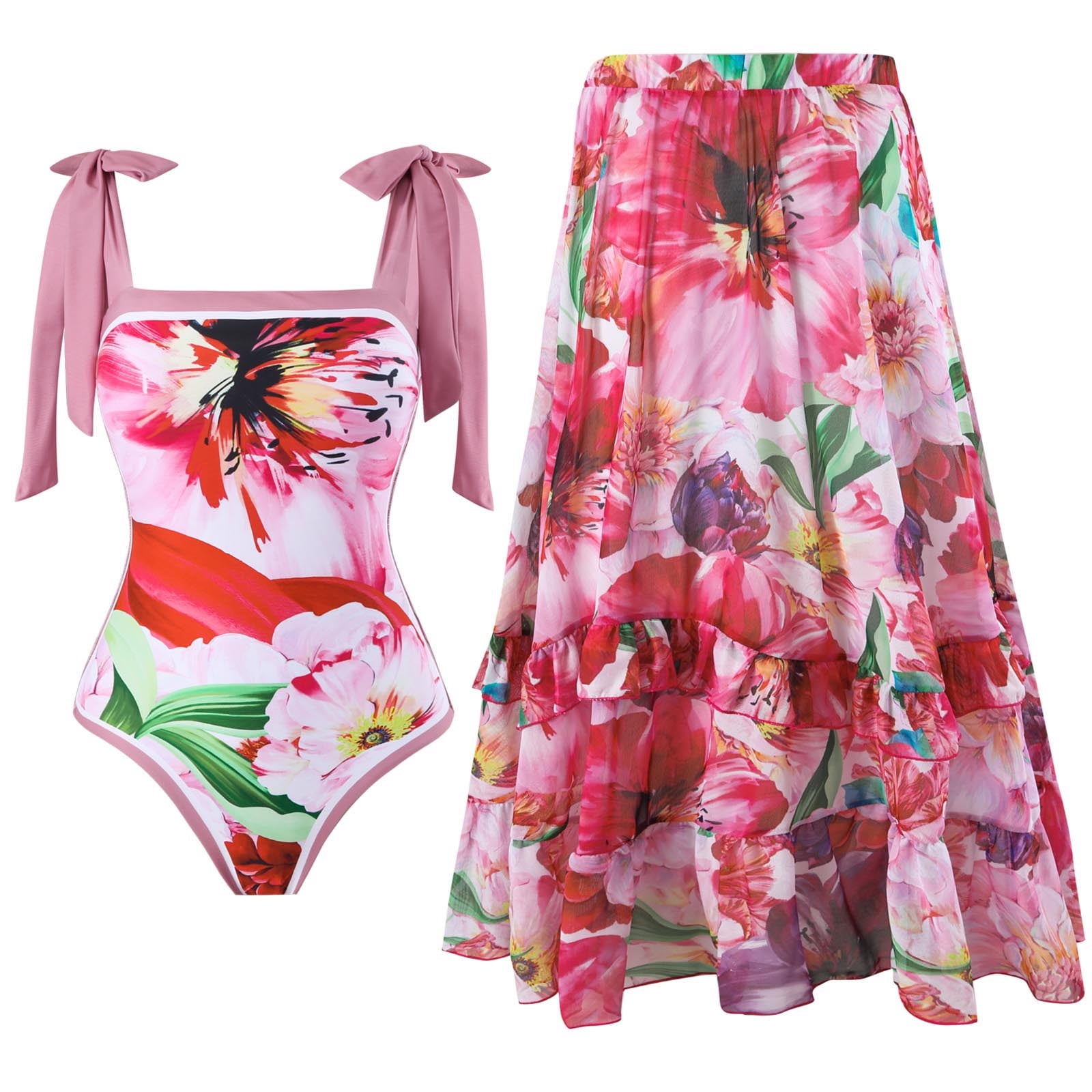 Summer Promotion UTSJKR Red Swimsuit Women with Cover Up Retro Flower ...