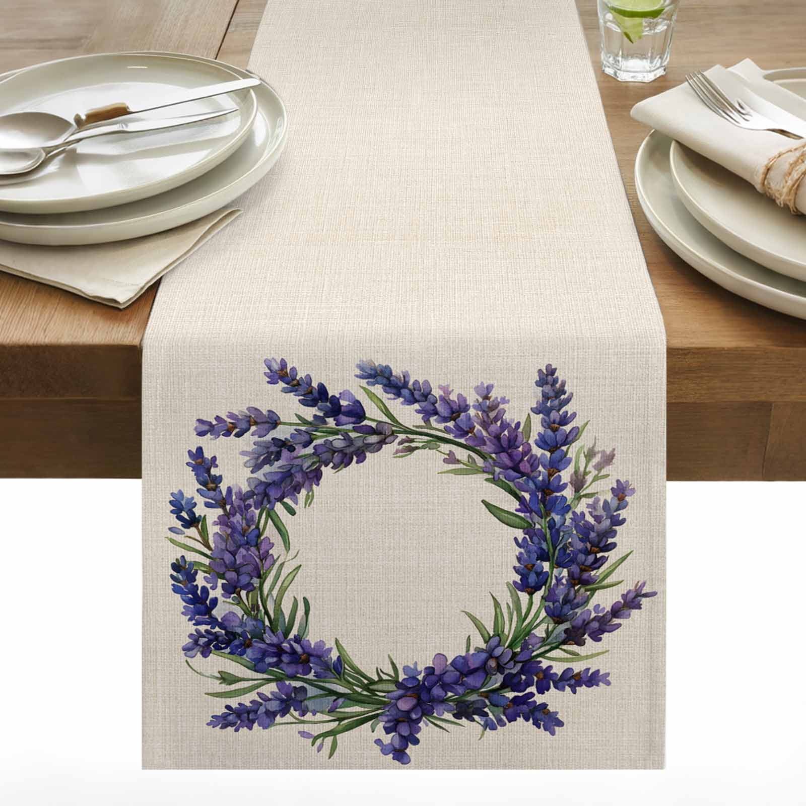 Summer Purple Lavender Wreath Cotton Linen Table Runner Country ...
