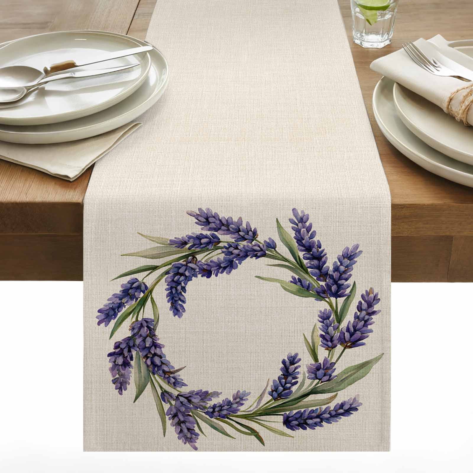 Summer Purple Lavender Wreath Cotton Linen Table Runner Country ...