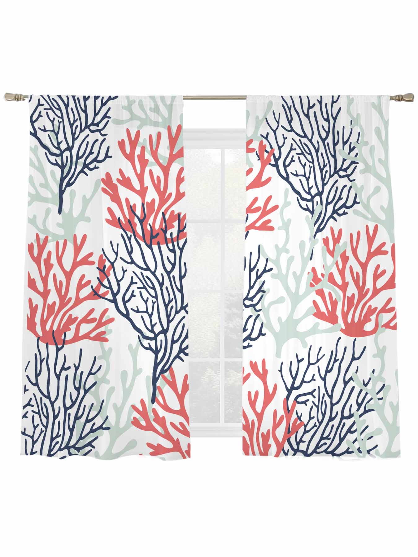 Summer Red Ocean Coral Sheer Curtains 72 Inch Long 2 Panels, Blue ...