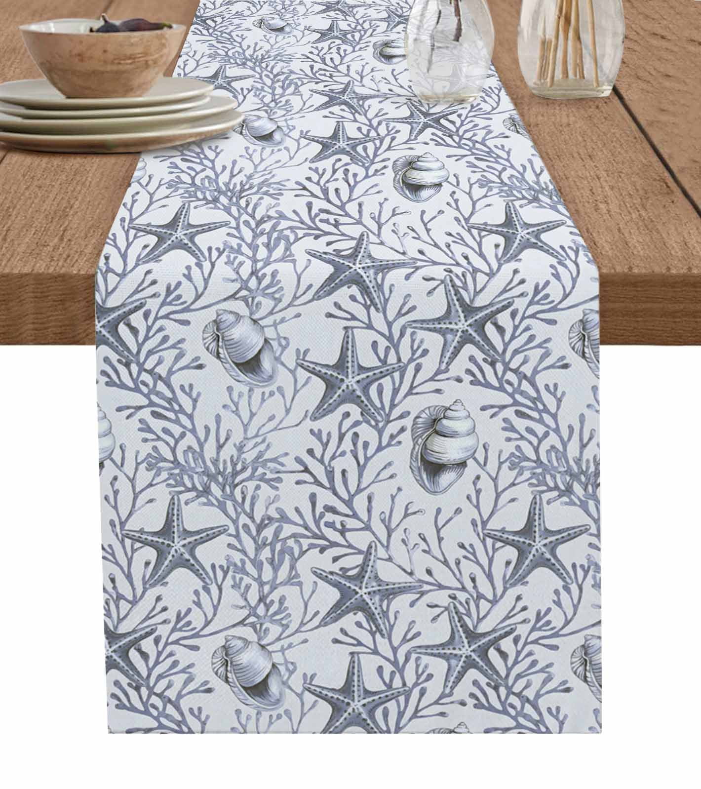 Summer Retro Ocean Table Runner 72 Inches, Grey Coral Starfish Vintage ...
