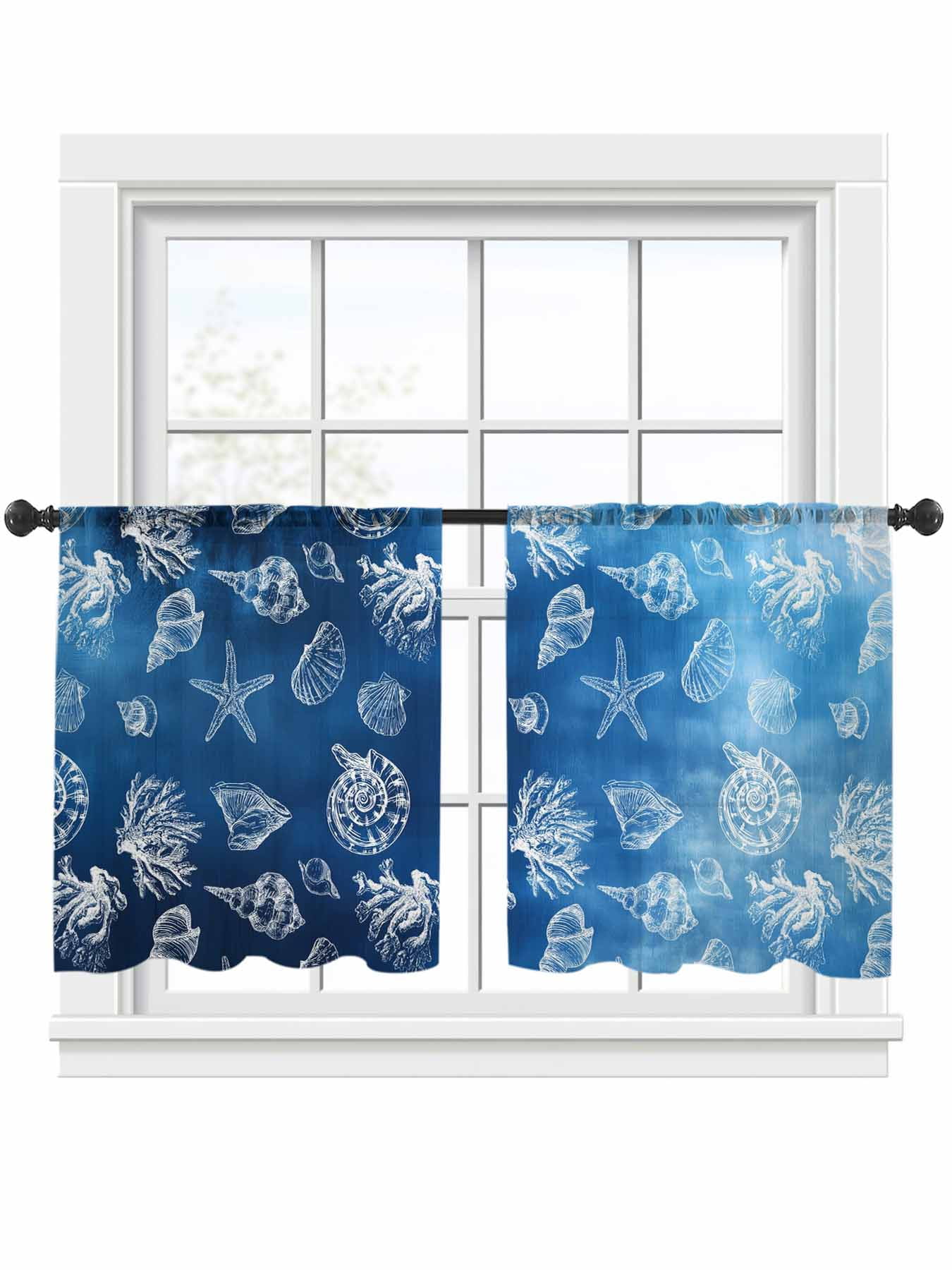 Summer Retro Sheer Curtains 45 Inch Long 2 Panels, White Marine Life ...