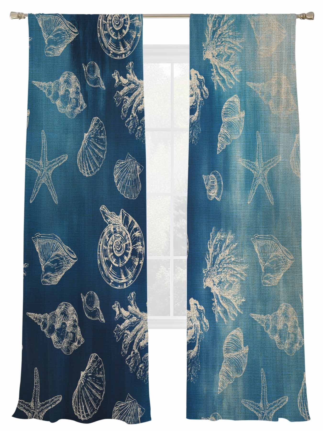 Summer Retro Sheer Curtains 96 Inch Long 2 Panels, White Marine Life ...