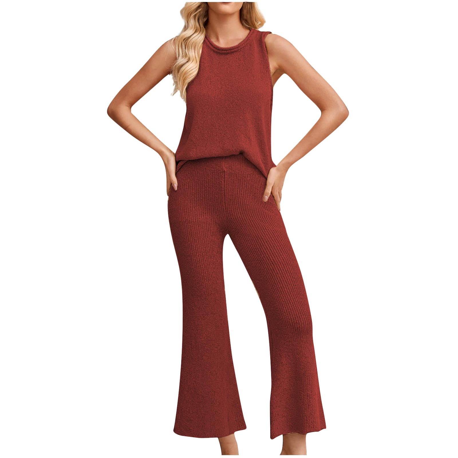 Summer Ribbed Knit Pants Sets for Women 2 Piece Casual Lounge Outfits ...