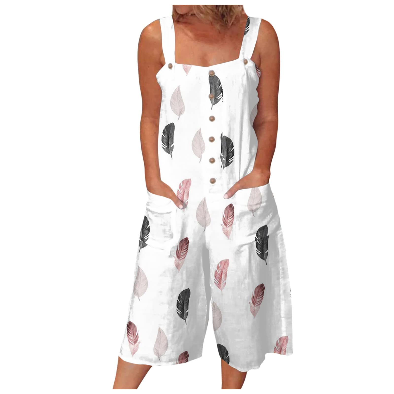 Summer Rompers for Women Sleeveless Buttons Strap Loose Casual Wide Leg ...