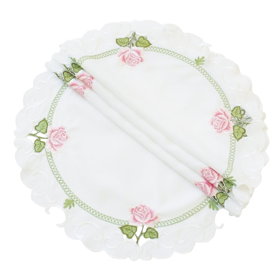 Summer Rose Embroidered Cutwork Round Doily, 16-Inch, Set of 4 16 ...