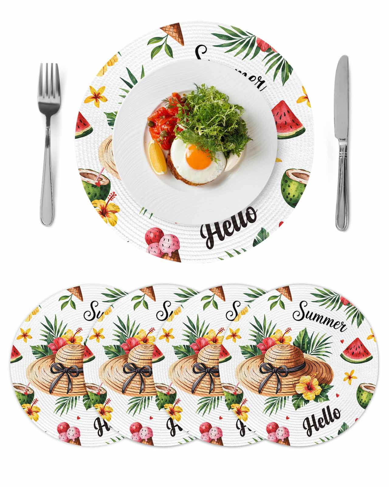 Summer Round Placemats Set of 4 for Dinning Tables,Heat-proof Braided ...