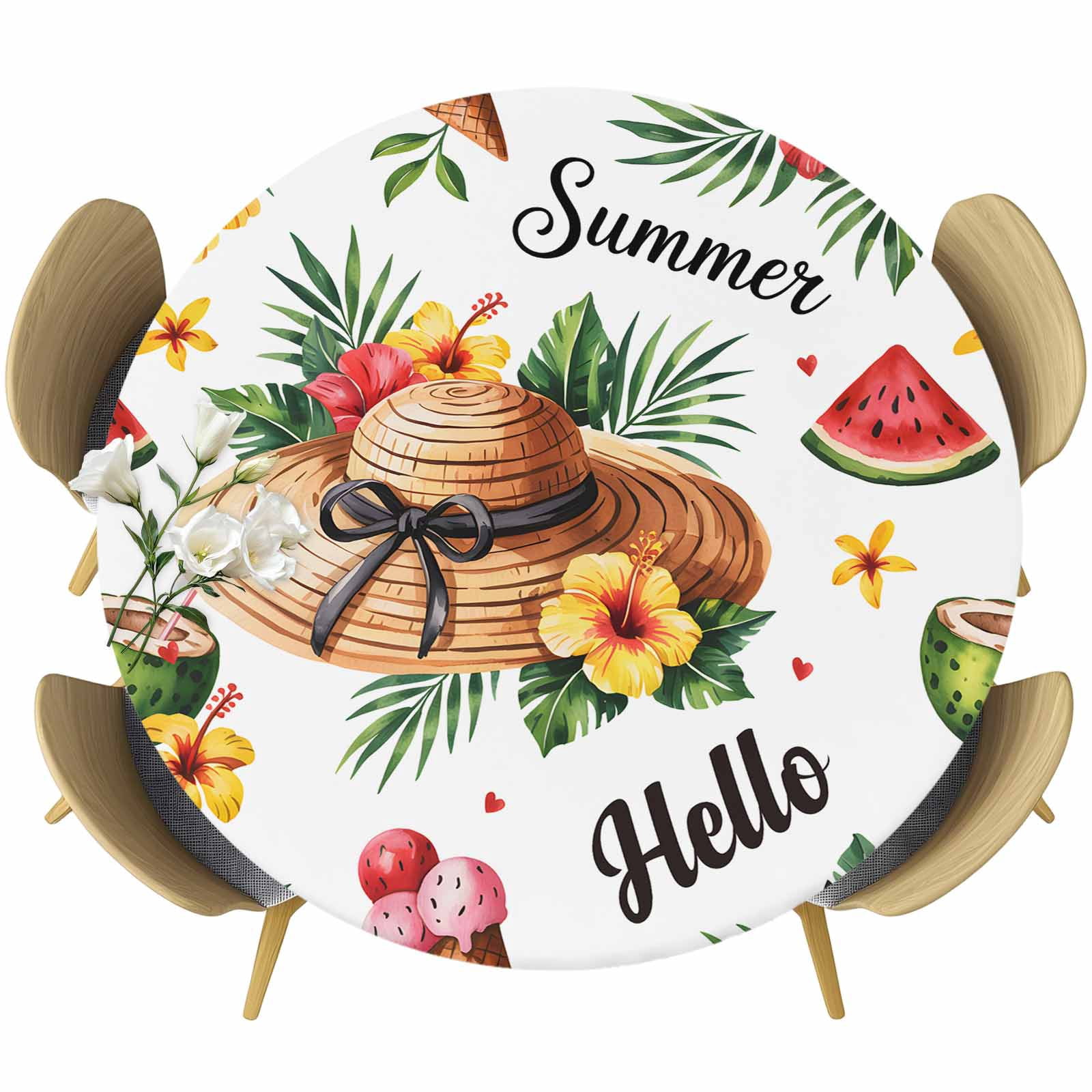 Summer Round Tablecloth, Fitted Table Cover with Elastic for 45"-54 ...
