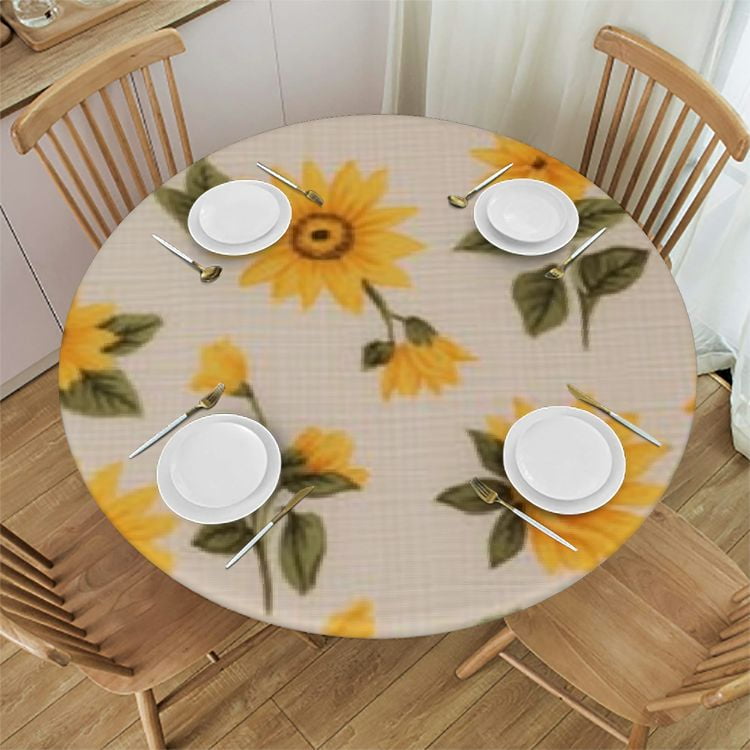 Summer Round Tablecloth Plants Yellow Bee Linen Texture Tablecloths for ...