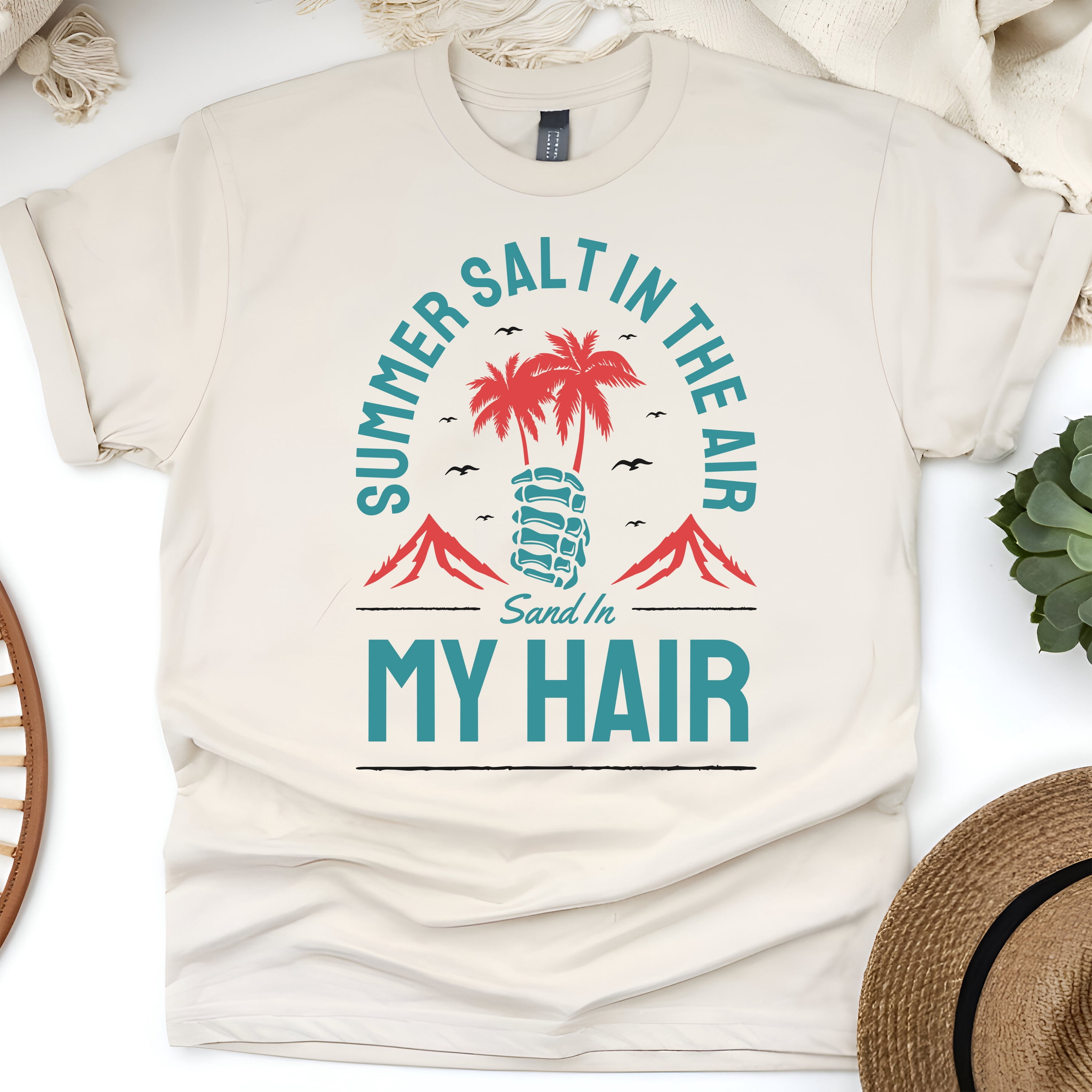 Summer Salt in the Air Sand in My Hair T-Shirt with Palm Tree & Volcano ...