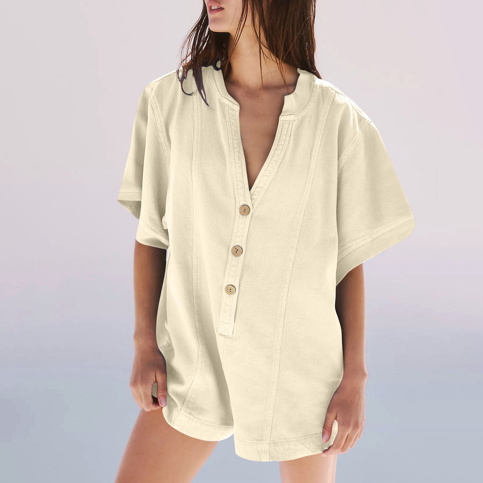 Summer Button Rompers for Women Shorts,2025 Summer Casual Short Sleeve ...