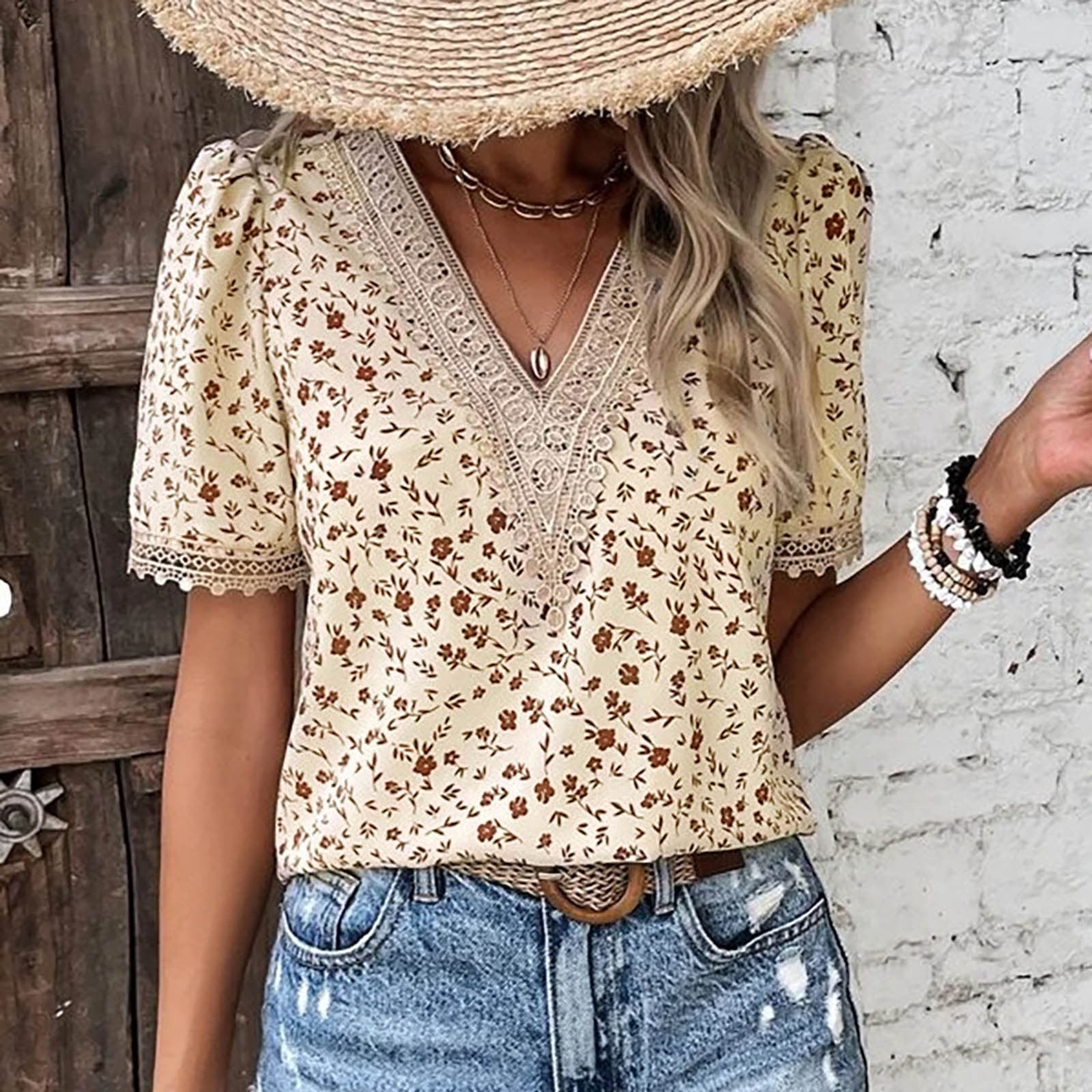 POTETI Women Summer Tops Beige Solid Casual Floral Printing Short ...