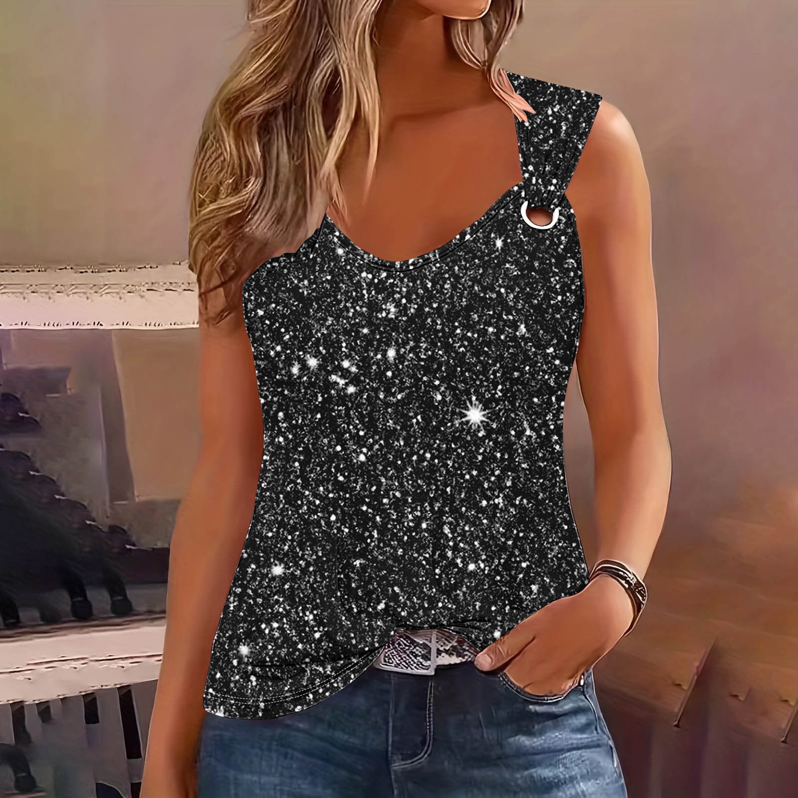 Summer Saving Clearance Axiiglly Tank Top for Women Sequin V Neck Solid ...