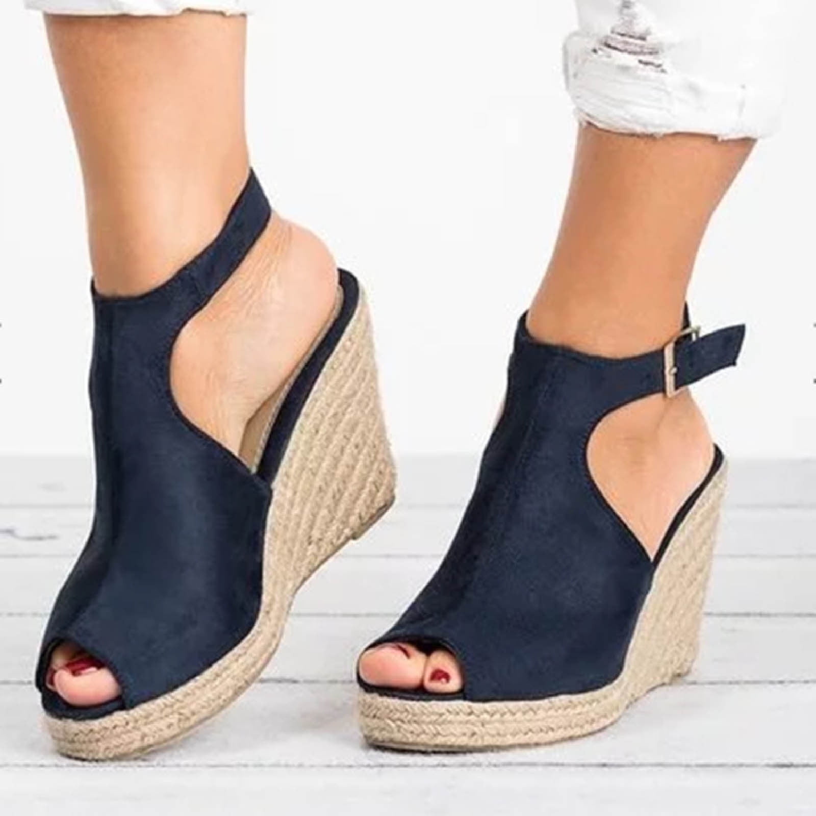 ITSUN Women's Wedge Sandals, Dark Blue, Lightweight, Comfortable, US ...
