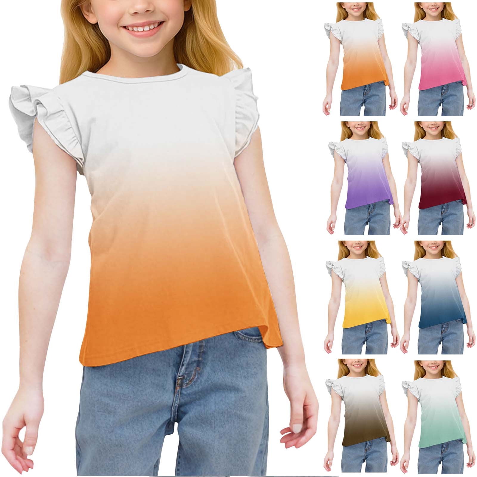 Summer Saving Clearance! Kukoosong Girls Summer Ruffle Sleeve Tees Kids Crew Neck Short Sleeve ...
