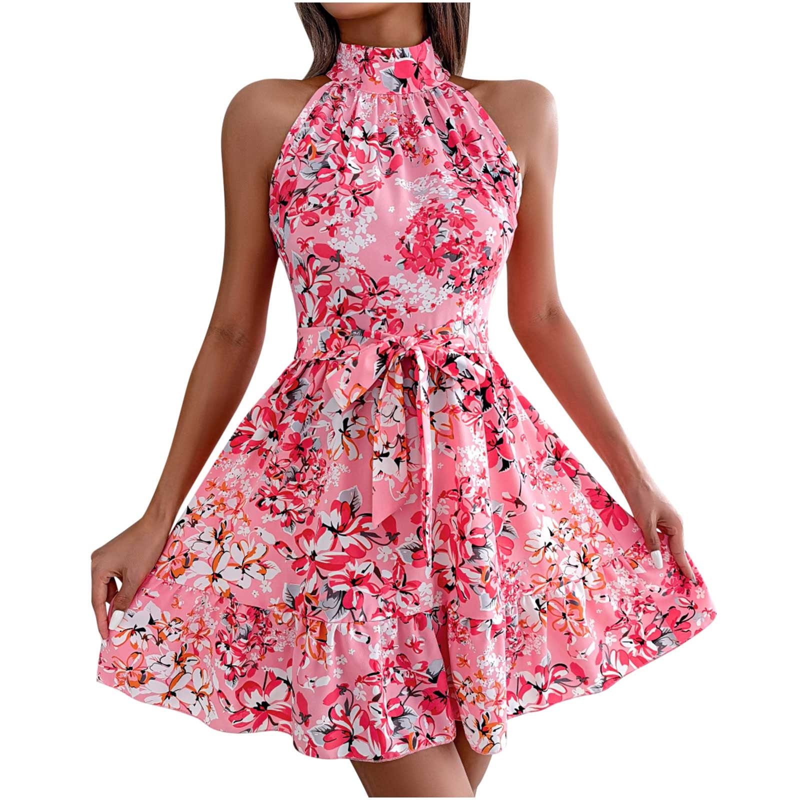 Summer Saving Wycnly Sundresses for Women Sleeveless Halter Floral Mini ...