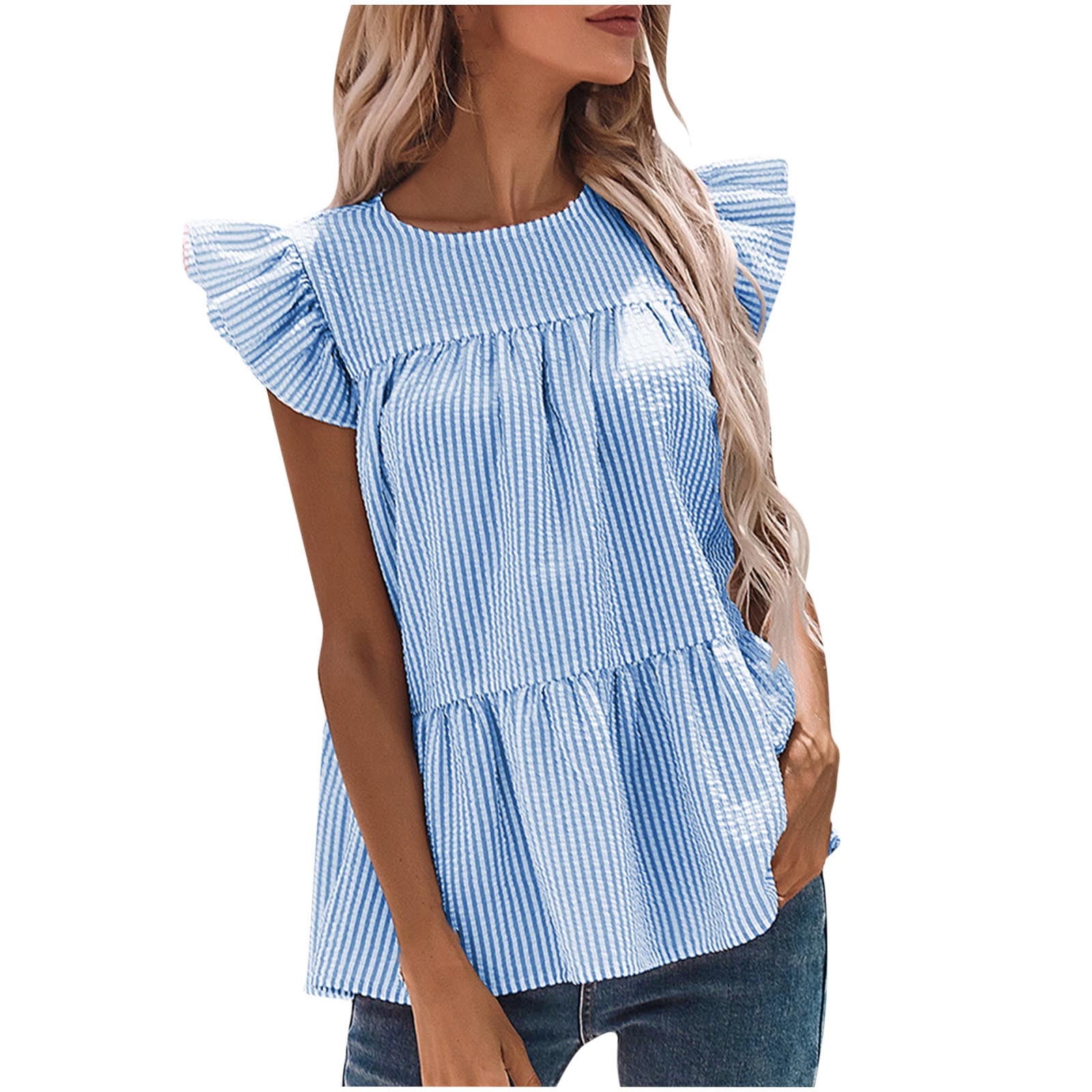 Summer Saving Wycnly Womens Shirts Fashion Ruffle Sleeve Loose Pleates ...