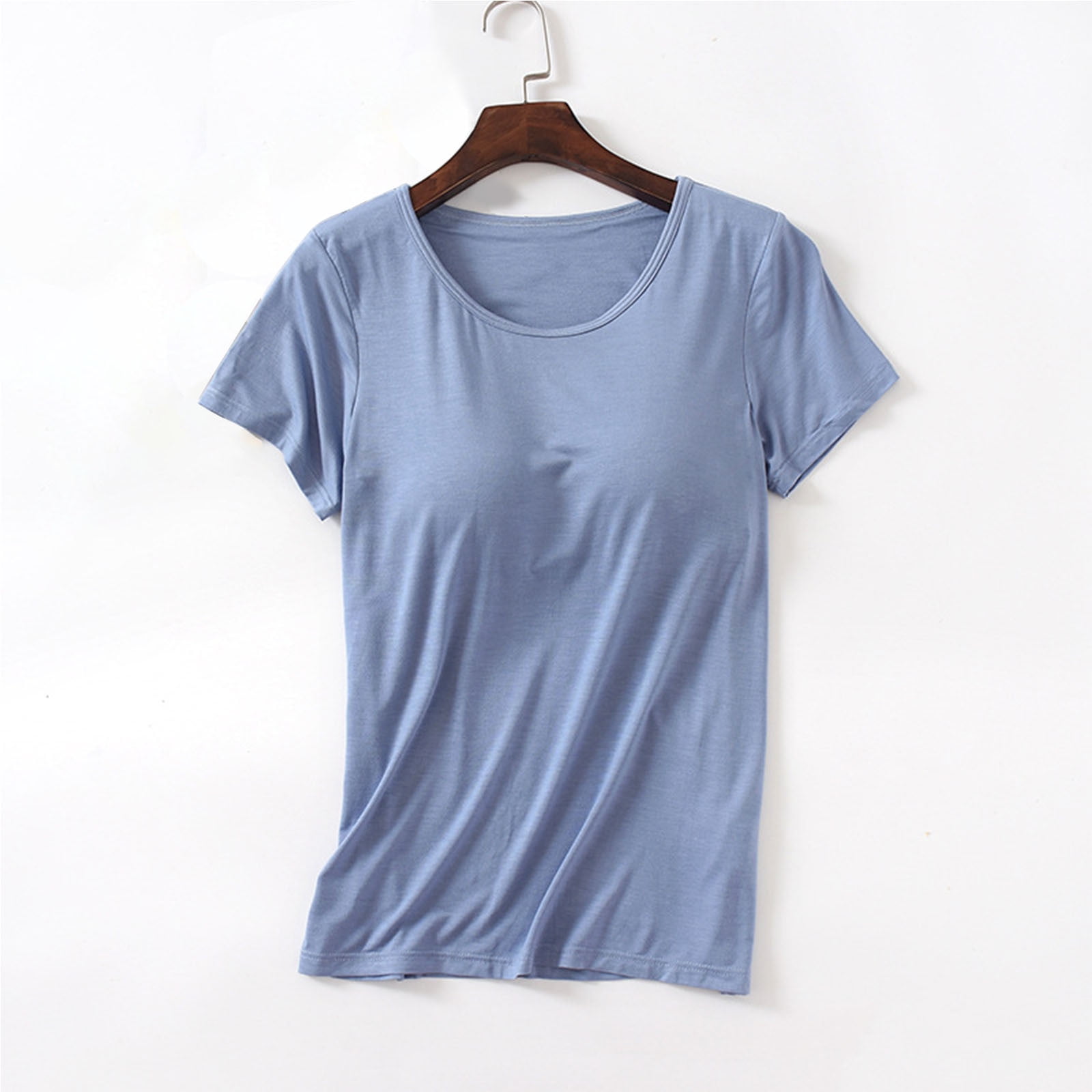 Pitauce Summer Tops for Women Modal Built-in-Bra T-Shirts Crew Neck ...