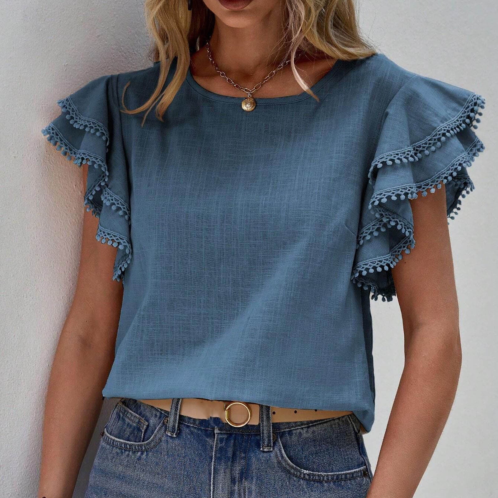 Summer Savings Cagogo Womens Ruffle Short Sleeve Shirts Summer Basic ...