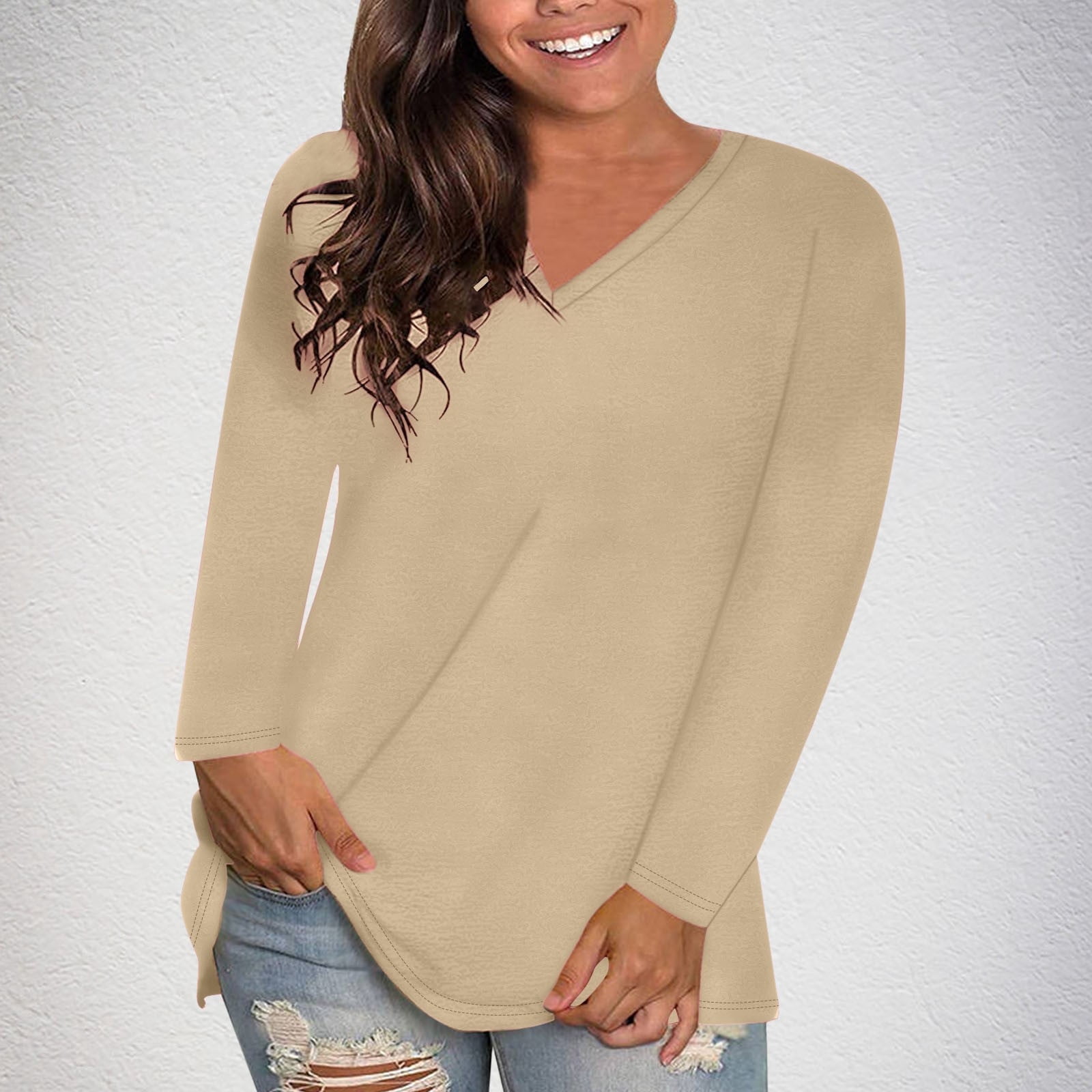 Sawvnm Women's Fashion V-Neck Solid Loose Long Sleeve T-shirt Pullover ...