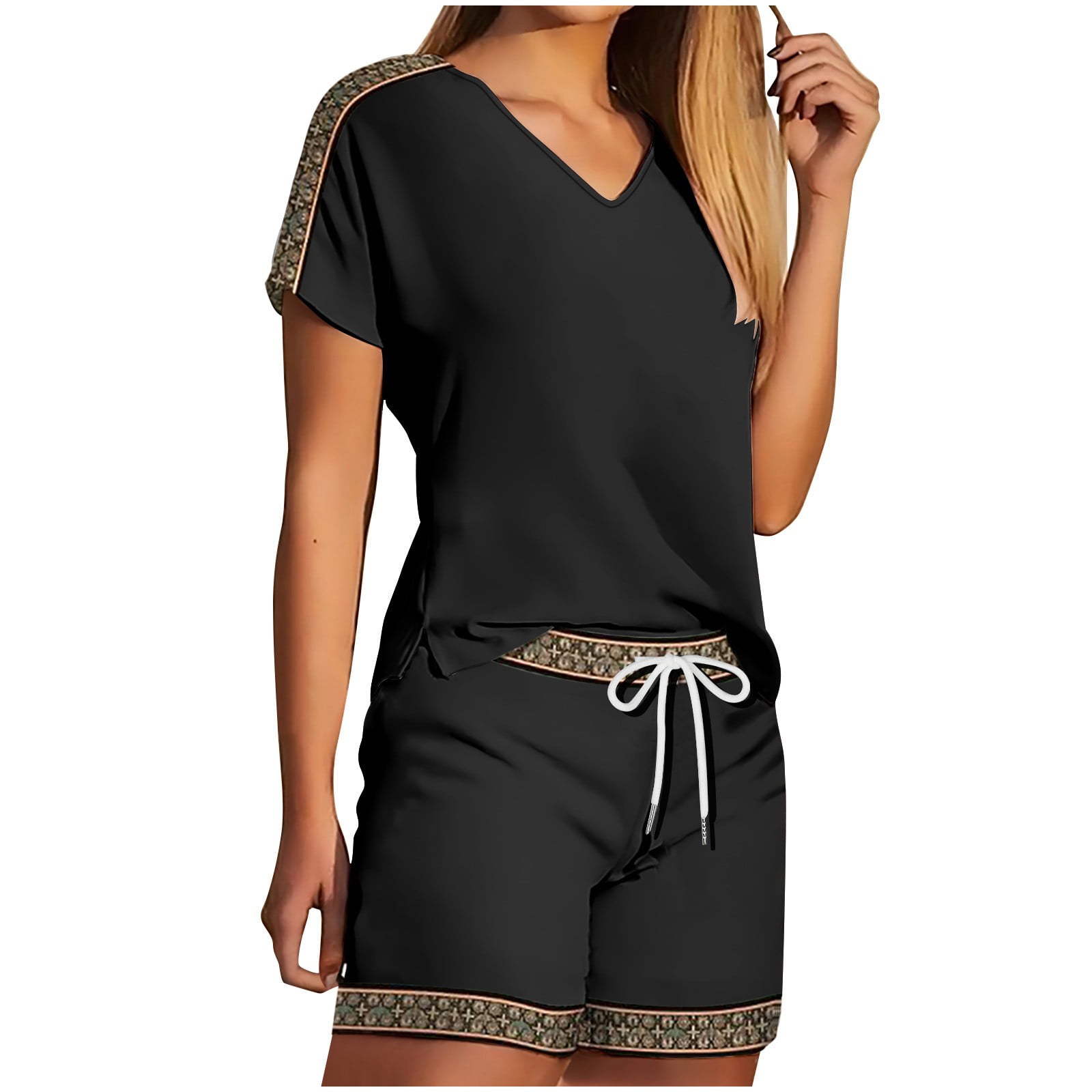 Summer 2 Piece Short Sets for Women Summer Short Sleeve V Neck Blouse ...